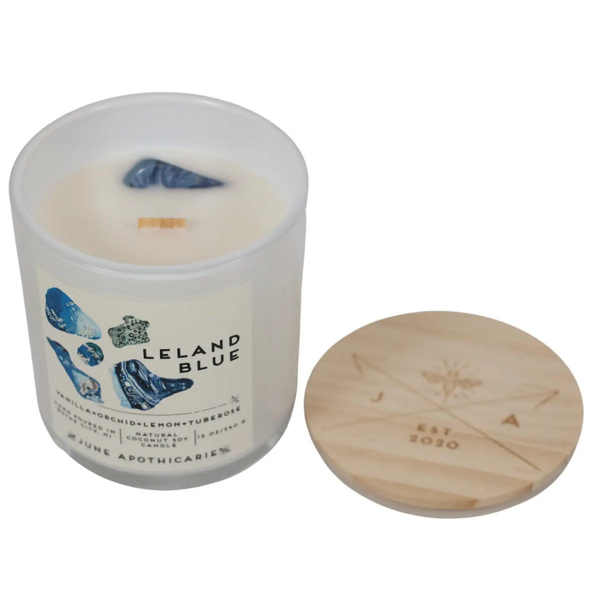 Leland Blue 12 oz Glass Wooden Wick Candle – June Apothicaire